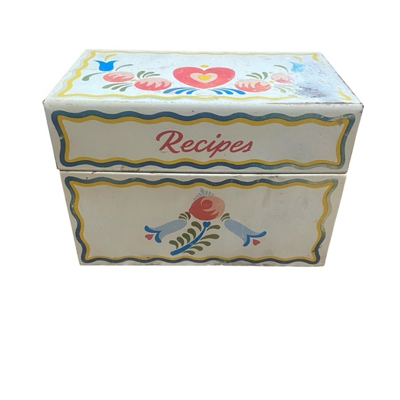 Other | Vintage Recipe Card File Box Tin 7s Retro White Hearts Flowers ...